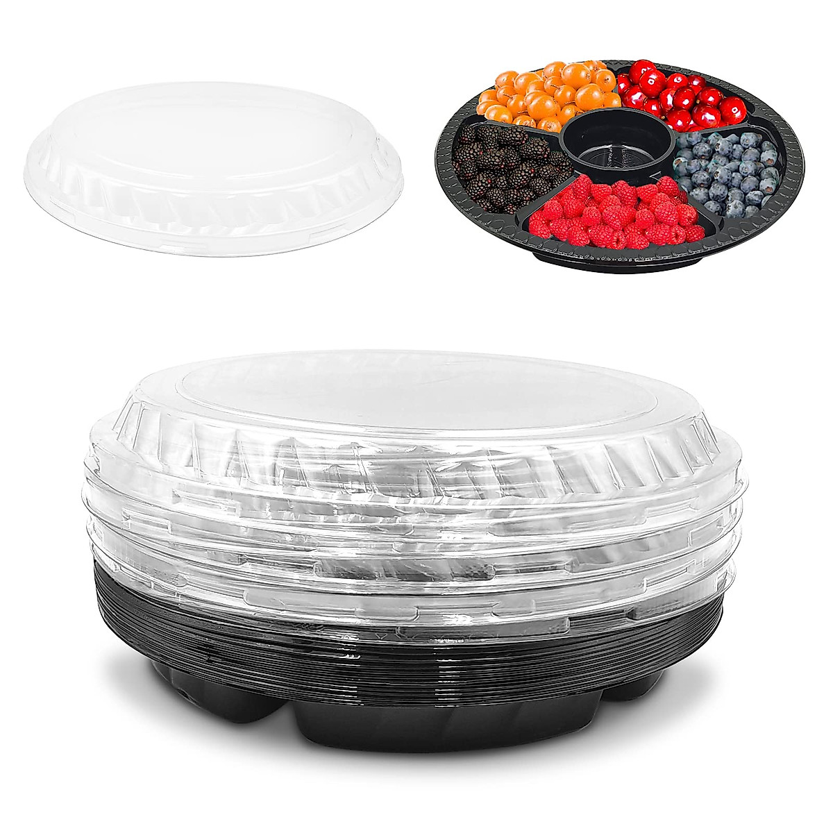 12 PCS Round Appetizer Plastic Serving Tray with Lids and Fork, Divided Candy Nut Serving Plate, Disposable Fruit Dish Platter Appetizer Tray for Dried Fruit, Snack, Desserts (Black)