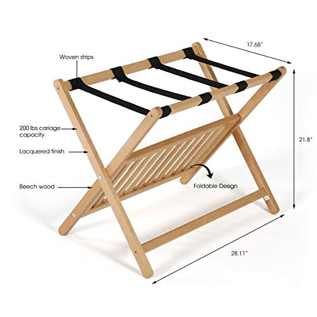 M&T Displays Beech Wood Folding Luggage Rack Travel Suitcase with Woolen Strips and Shelf for Home Hotel Gym Spa Guest Room 200 lbs Carriage Capacity Natural Wood 18x30 Inches