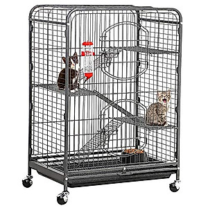 Yaheetech 37 inch Metal Cat Kitten Cage Small Animals Hutch w/ 2 Front Doors/Feeder/Wheels Indoor Outdoor,Black