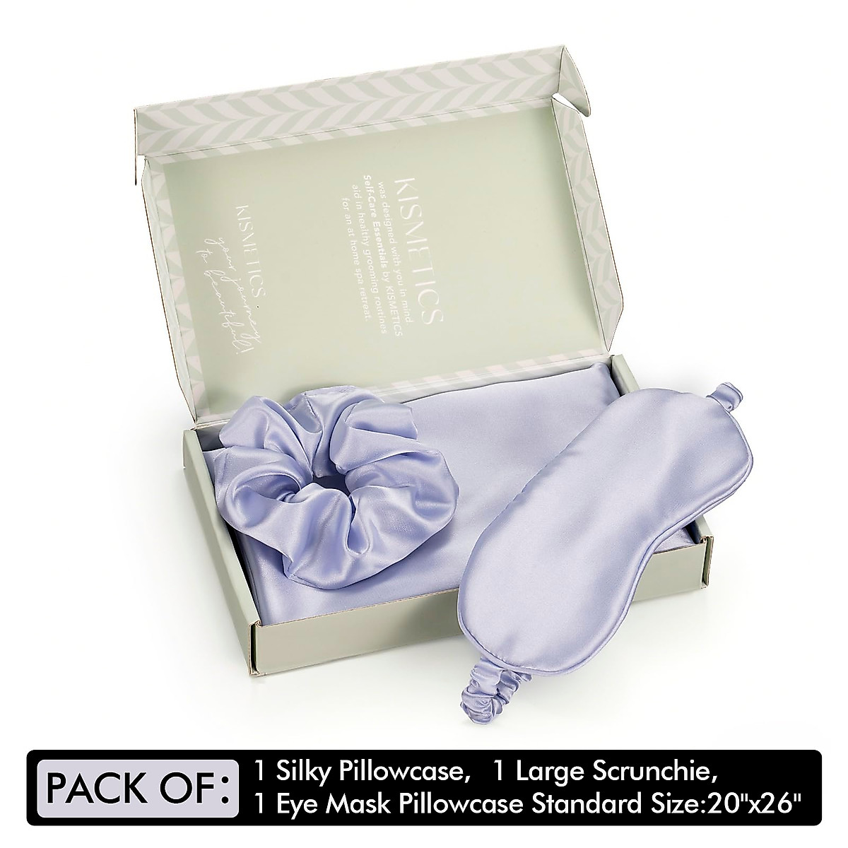 KISMETICS - Vegan Silk Sleep Set, Silky Pillowcase with Large Scrunchie and Eye Mask for Hair and Skin, Self Care Essential Satin Night Routine Kit (Purple Color)