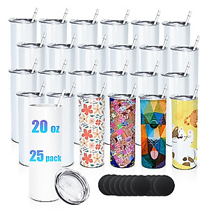 Icesip 25 Pack 20 oz Sublimation Tumblers Blanks, Bulk 20oz Tumbler Blank for Sublimation Cups with Lids and Pads, Stainless Steel Double Wall Insulated Straight Mugs with Box