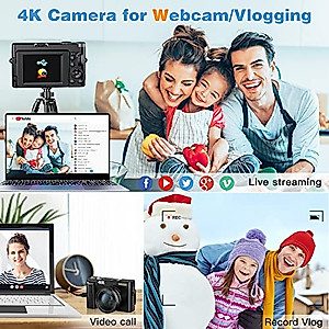4K Digital Camera for Photography and Video Autofocus Anti-Shake, 48MP Vlogging Camera with SD Card, 3'' 180° Flip Screen Compact Camera with Flash, 16X Digital Zoom Travel Camera (2 Batteries)
