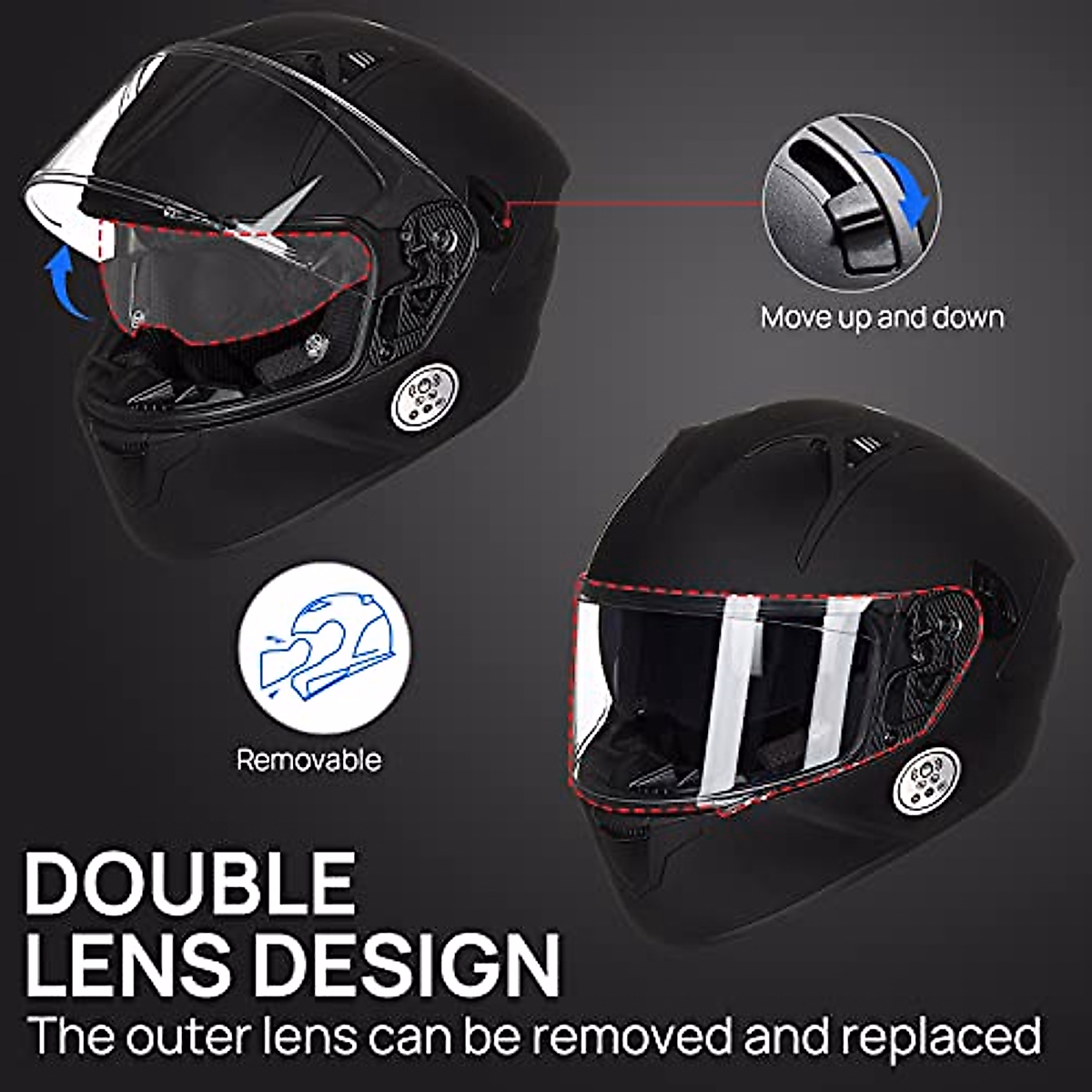 ILM Motorcycle Helmets with Built in Bluetooth Full Face Casco para Moto Dual Visor for Adults Men Women DOT Model-X9(Matte Black,M)