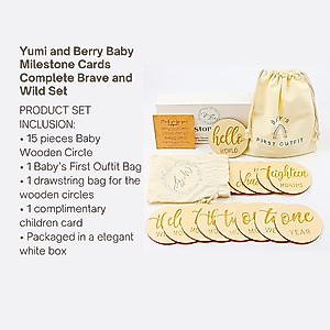 Yumi and Berry Baby Milestone Cards from Newborn to 2 Years Wooden Monthly Discs Comes with Hello World Sign Weekly Wood Dics - Month Signs (Wild Brave 15 Pieces Set) beige
