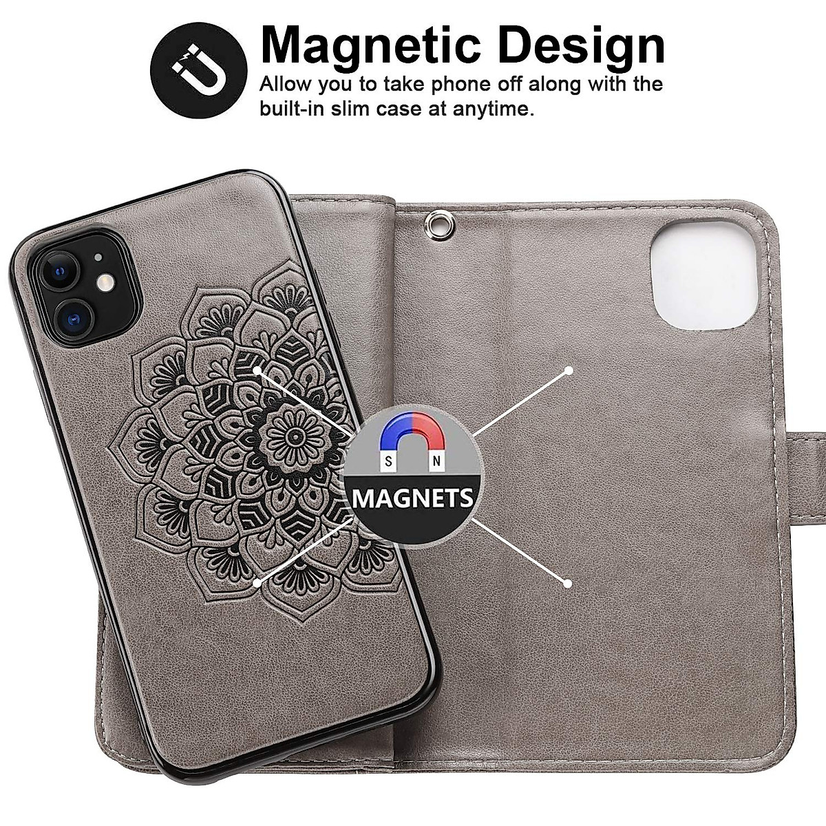 Vofolen 2-in-1 Case for iPhone 11 Case Wallet Credit Card Holder ID Slot Detachable Hybrid Protective Slim Hard Shell Magnetic PU Leather Folio Pocket Flip Cover for iPhone 11 6.1 inch Mandala Grey