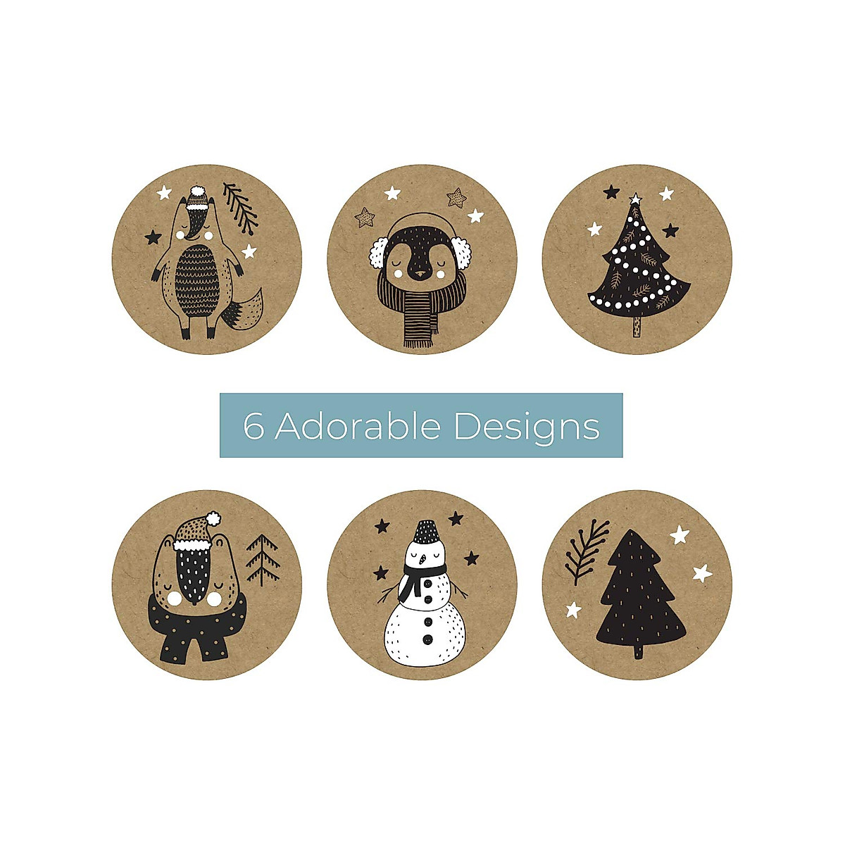 Black and White Holiday Animals Christmas Stickers / 500 Christmas Labels / 1.5" Round Winter Animals Envelope Seals / 6 Festive Designs