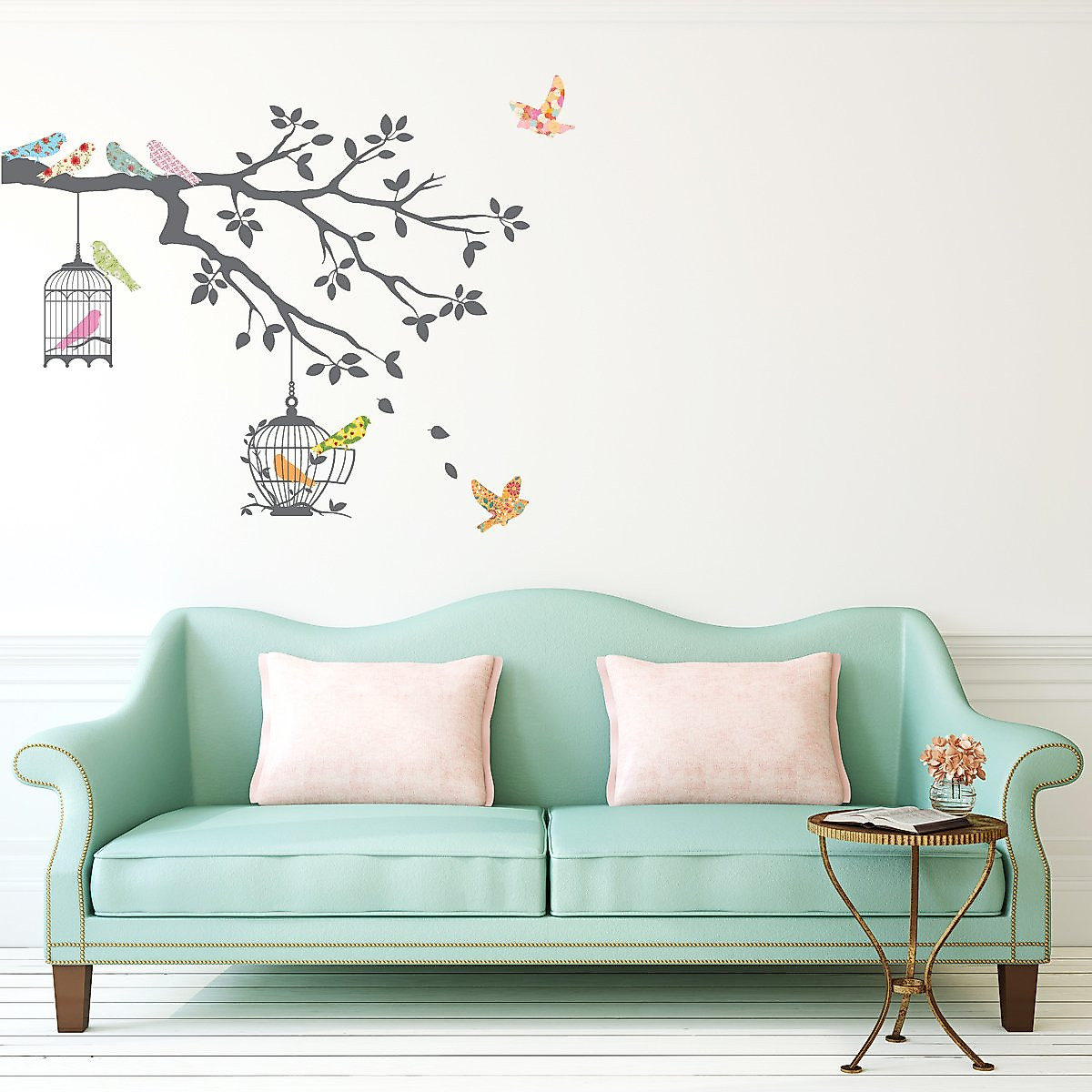 DECOWALL DW-1510 Birds on Tree Branch with Bird Cages Kids Wall Stickers Wall Decals Peel and Stick Removable Wall Stickers for Kids Nursery Bedroom Living Room (Grey) d?cor