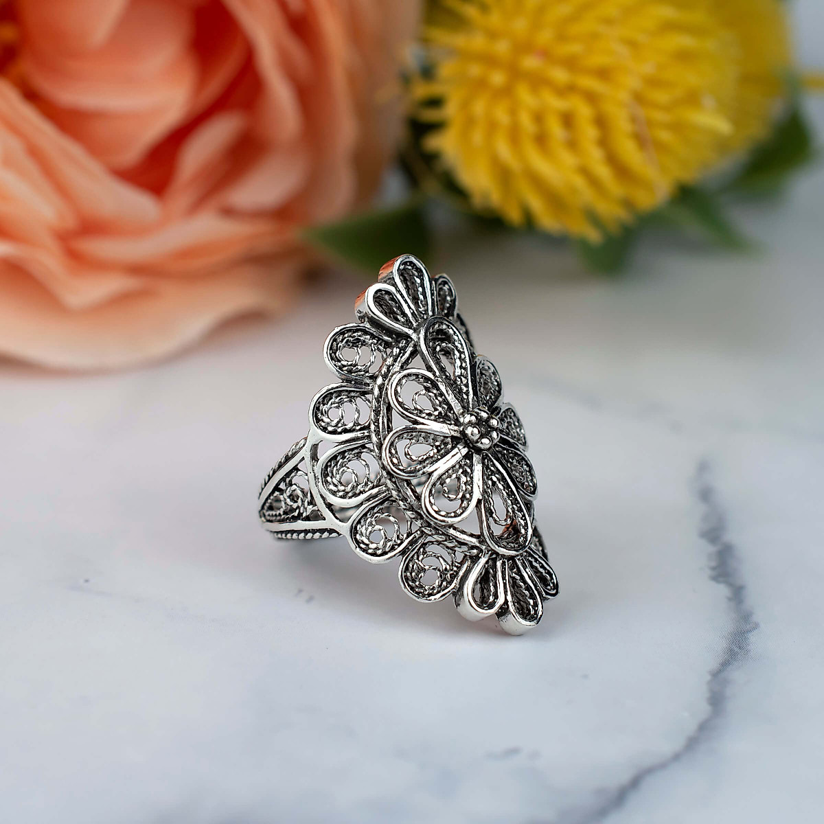 Filigranist 925 Sterling Silver Filigree Art Lace Embroidery Detailed Women Long Statement Ring (8.5)