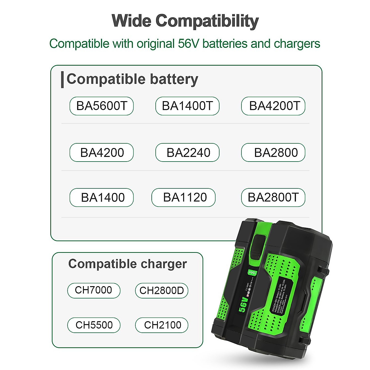 Aoasur 10.0Ah Battery Replacement for EGO 56V Battery （10.0AH-Green）