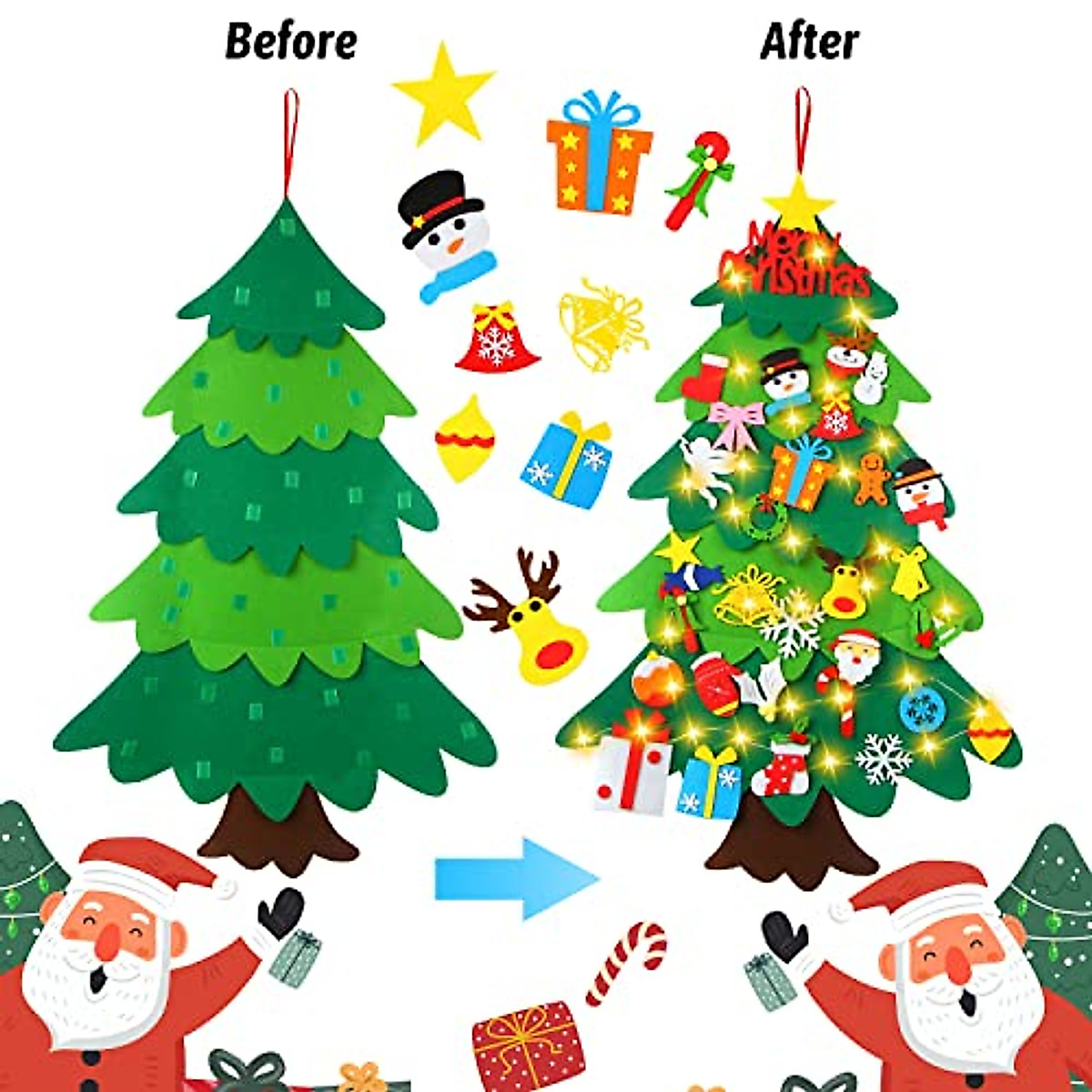 KIMOBER Lighted Felt Christmas Tree,Prelit DIY Christmas Tree with 40Pcs Detachable Ornaments Wall Hanging Decor for Xmas Party