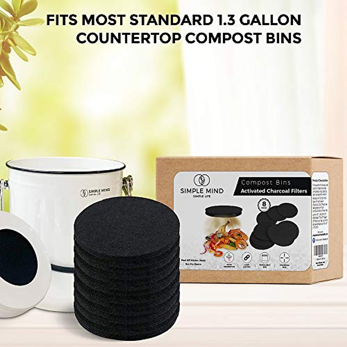 Compost Bin Filters – Charcoal Filter Replacement 8 Pack, 10mm Thick, 6.5" Round, Fits Bucket Composter Pail Countertop Compost Bin with lid Compost Container - Compost Bin Indoor- Odor Control Filter