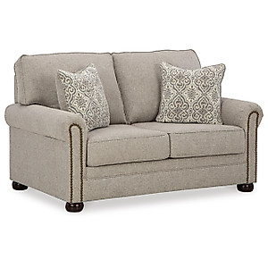 Signature Design by Ashley Gaelon Transitional Loveseat with Nailheads and 2 Accent Pillows, Beige