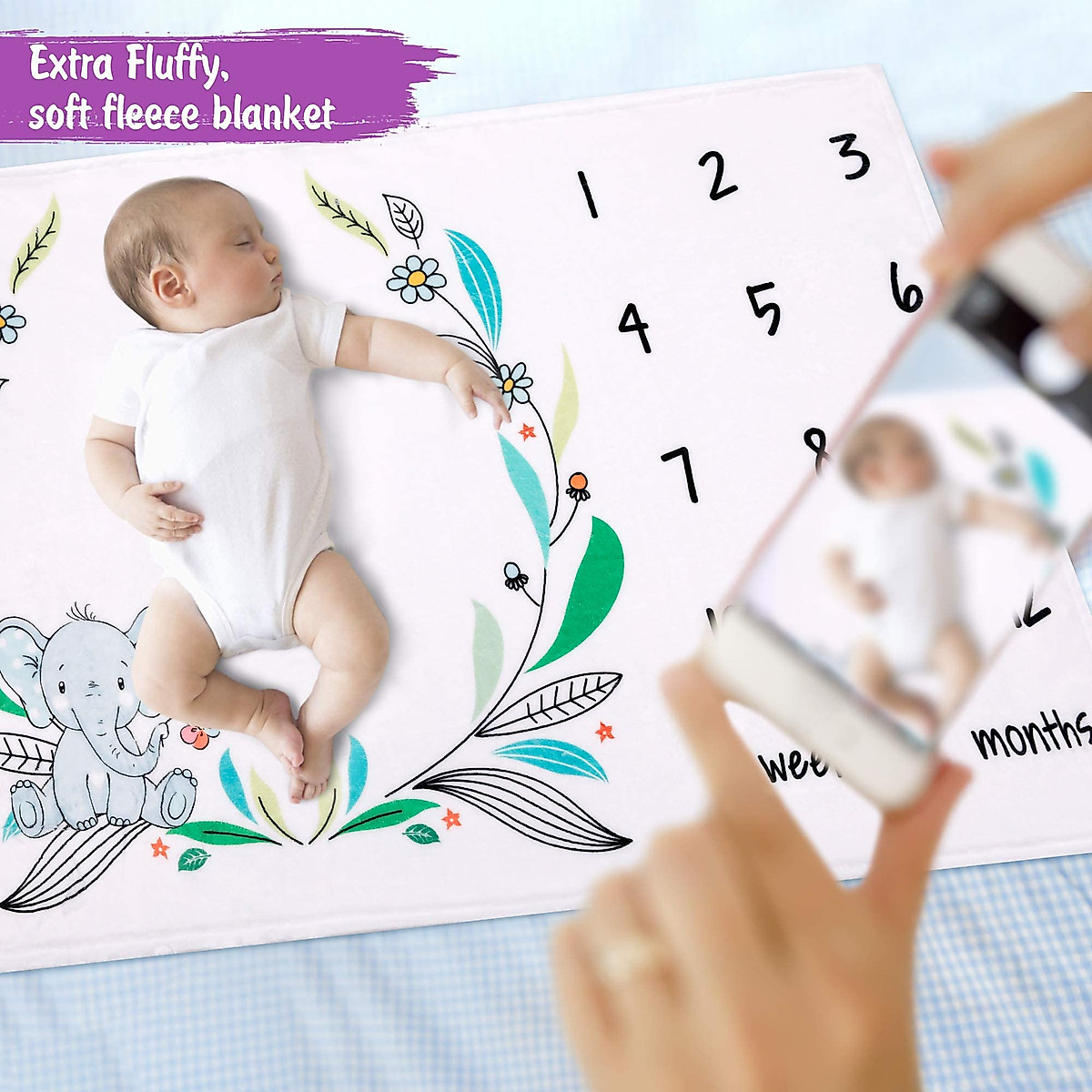 ATHENA FUTURES Baby Monthly Milestone Blanket for Boys Girls - Soft Fluffy Unisex Design - 60 x 40 in - 1 to 12 with Weeks and Months - Wreath and String Markers, 18 Baby Occasions Cards and an e-Book