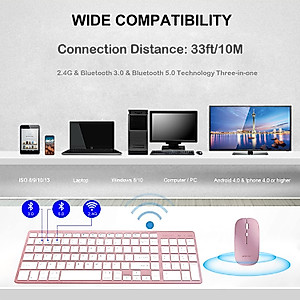 Wireless Keyboard Mouse Combo, Haricset Rechargeable Full-Size Silent Slim Dual-Mode(BT3.0+BT5.0+2.4G) Multi-Device Bluetooth Keyboard Set, 3 Level DPI Mouse,for Windows/Android/Mac OS/iOS (Rose Gold)