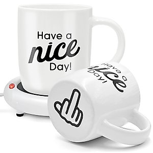 GALVANOX Funny Coffee Mug with Warmer Have a Nice Day Sarcastic Coffee Mug with Electric Heated Base - Novelty Christmas Gift Idea for Coworker/Coffee Lover, Men/Women (Gift Boxed)