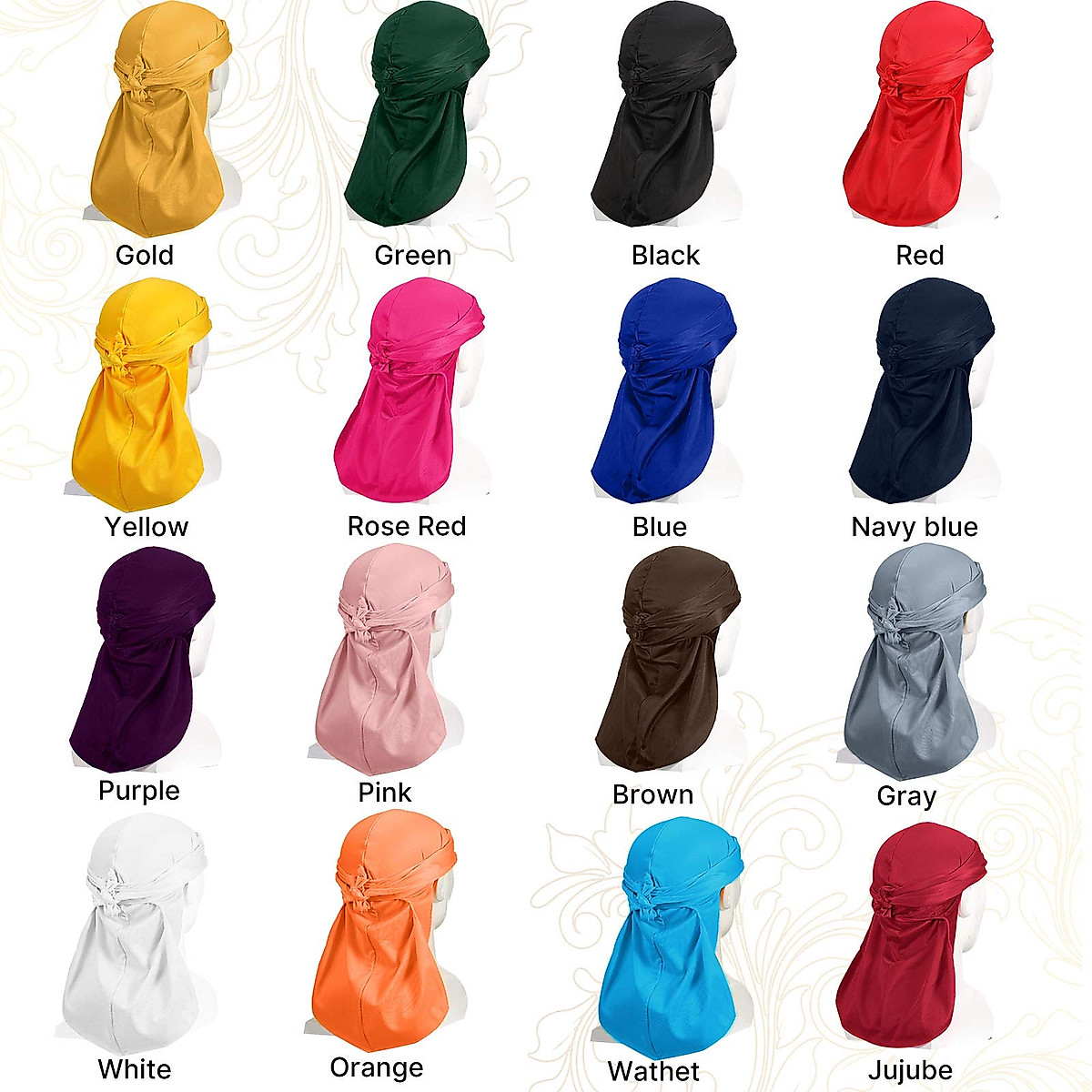 16 Pieces Velvet Durags for Men Long Tail Durags Caps Wide Strap Headwraps Soft Turban Beanies Pirate Hat Velvet Doo Rag for 360 Waves Men Women, 16 Colors