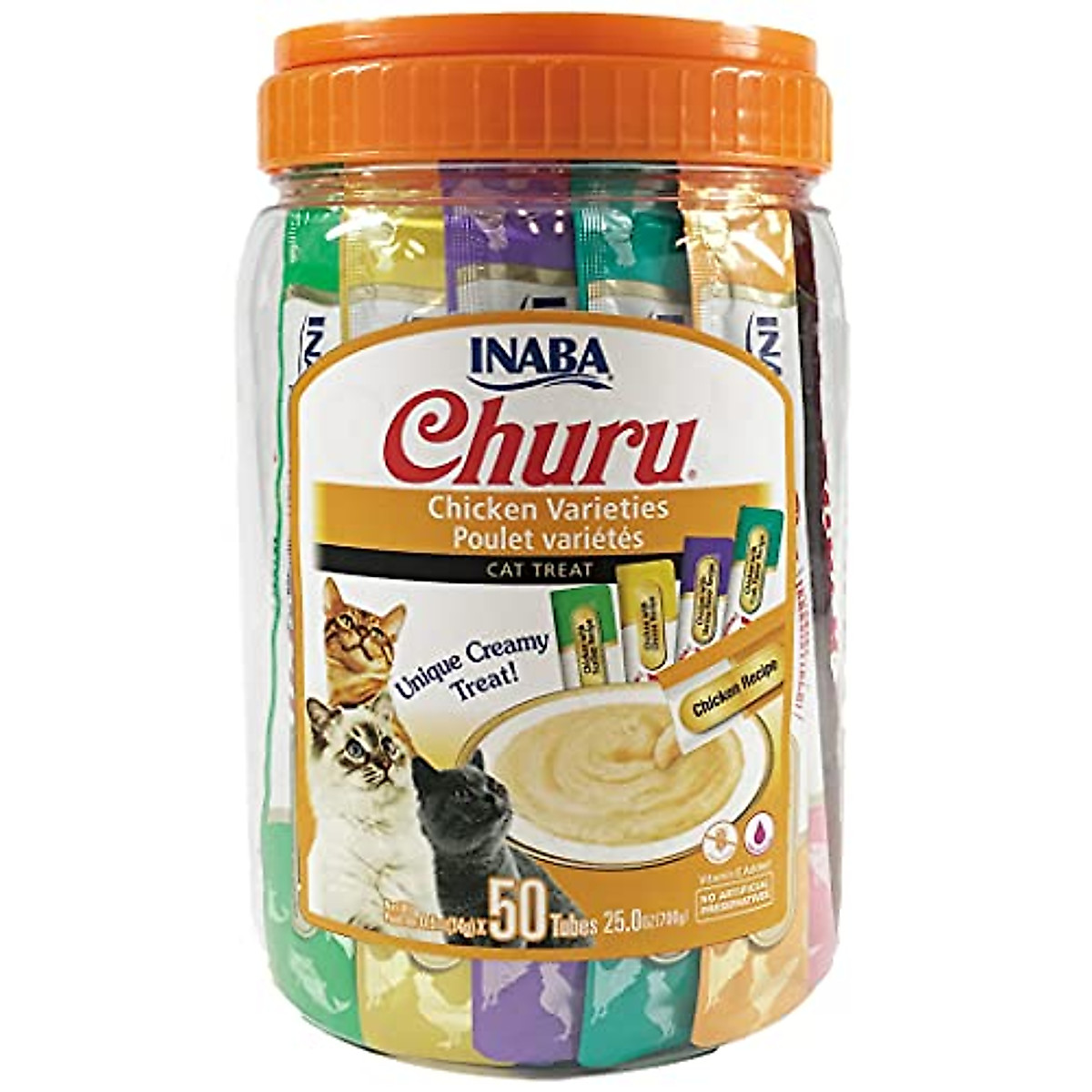 INABA Churu Cat Treats, Grain-Free, Lickable, Squeezable Creamy Purée Cat Treat/Topper with Vitamin E & Taurine, 0.5 Ounces Each Tube, 50 Tubes, Chicken Variety