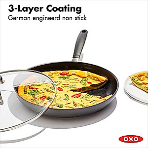 OXO Good Grips 12" Frying Pan Skillet with Lid, 3-Layered German Engineered Nonstick Coating, Stainless Steel Handle with Nonslip Silicone, Black