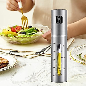 3oz Oil Sprayer for Cooking Stainless Steel, Olive Oil Spray Bottle Refillable with Trigger Scale Large Capacity Oil Mister Spray for Popcorn Salad A