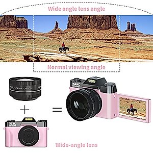 Digital Cameras for Photoggraphy, 4K Vlogging Camera for YouTube with Built-in Fill Light, 16X Digital Zoom, Manual Focus, 52mm Wide Angle Lens & Macro Lens, 32GB TF Card and 2 Batteries