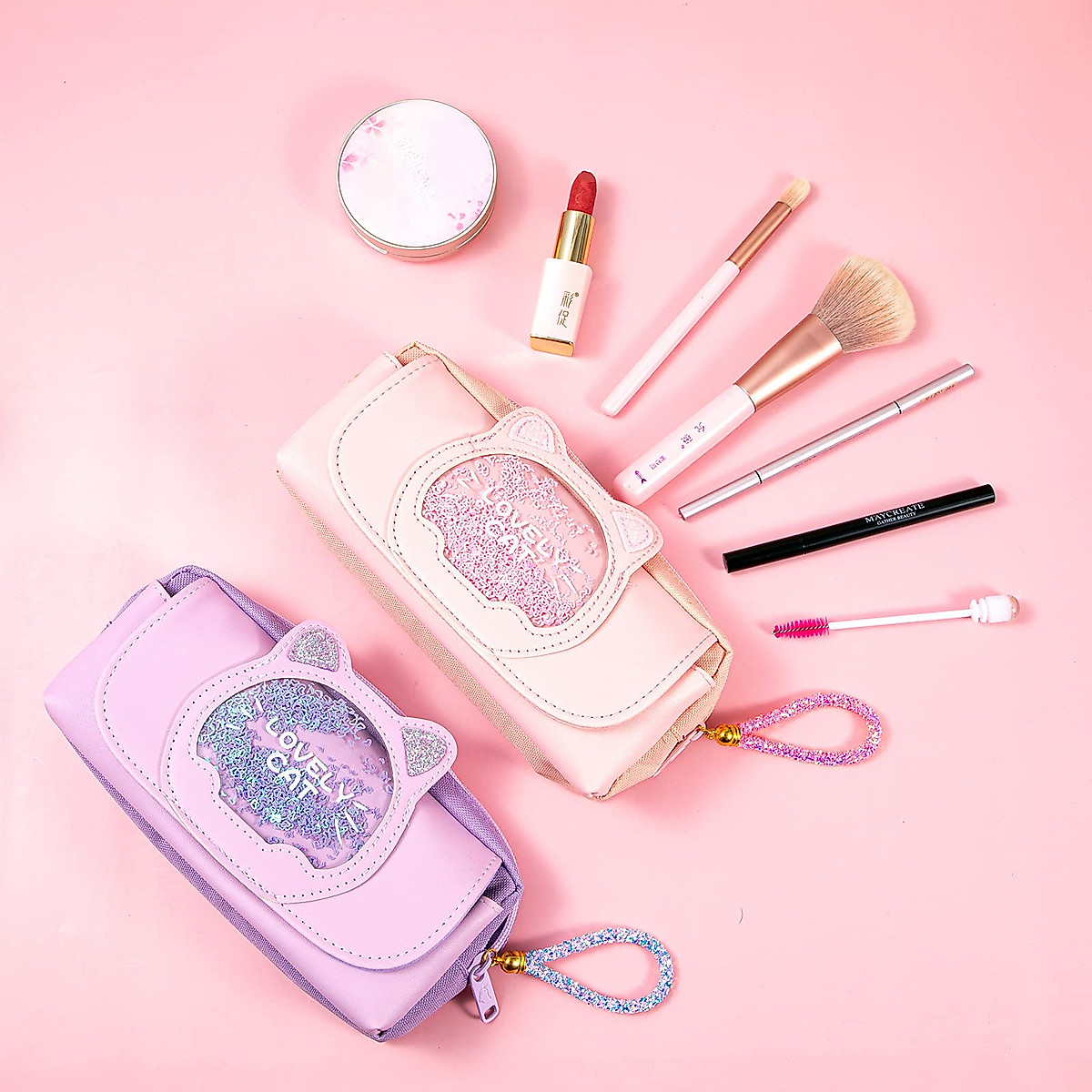 2 Pieces Big Capacity Pencil Case Cute Cat Large Capacity Pencil Pouch Portable Pencil Pouch Stationery Storage Organizer Pencil Box Pen Holder Bag for School Student Present, Pink and Purple