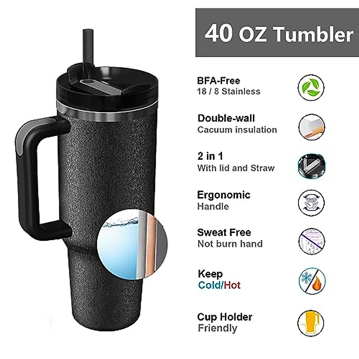 AFINSEA 40oz Tumbler with Handle,Insulated Tumbler with Lid and Straw,Double Wall Vacuum Stainless Steel Travel Mug Iced Coffee Car Cup for Hot and Cold Beverage(Night)