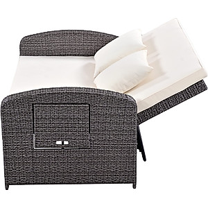 Brabrety Outdoor Rattan Double Chaise Lounge,2-Person Reclining Sunbed with 3-Height Adjustable Back, Furniture Protection Cover and A Footrest (White/Double*F)