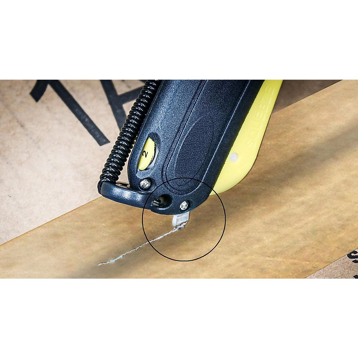 Veltec EZ-2000 Safety Box Cutter Utility Knife, Tape Splitter at Back, 3 Blade Depth Setting, Squeeze Trigger and Dual Side Edge Guide, 2 Blades (Yellow)