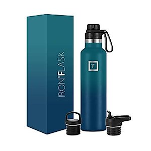 IRON °FLASK Sports Water Bottle - 24 Oz - 3 Lids (Narrow Spout Lid) Leak Proof, Durable Vacuum Insulated Stainless Steel - Hot & Cold Double Walled Insulated Thermos - Mothers Day Gifts