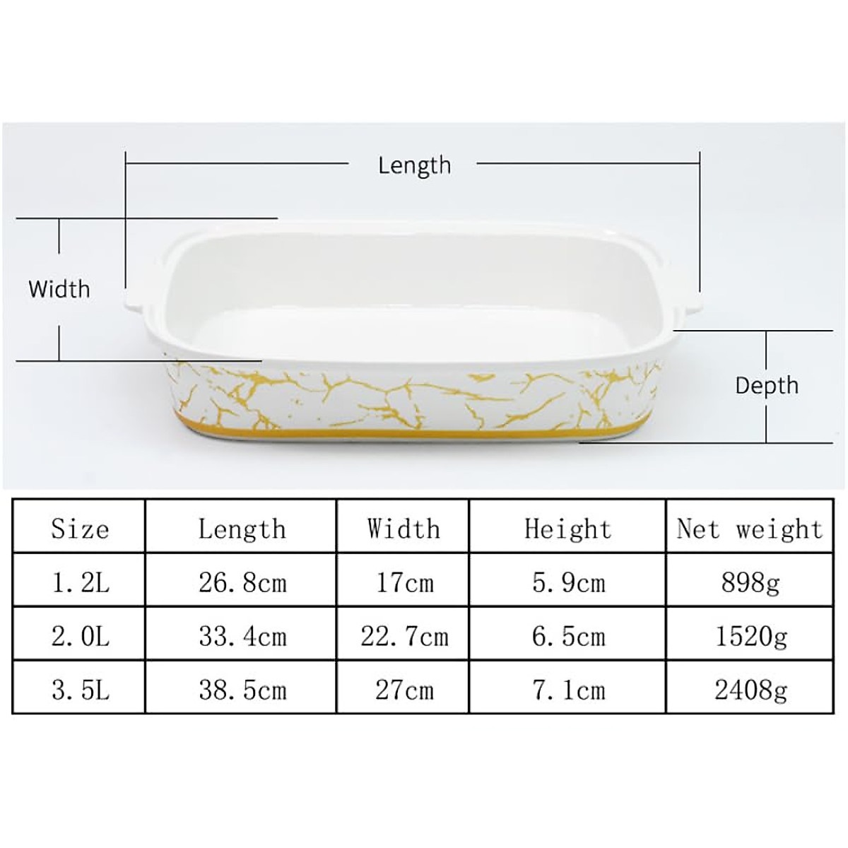 HONHPD 3PCS Rectangular Porcelain Casserole Warming Trays for Food, Ceramics Chafers, and Buffet Warmers Sets, Ceramics Chafing Dish Buffet Set, Gold Plating Serving Dishes(11inch.13inch.15inch）