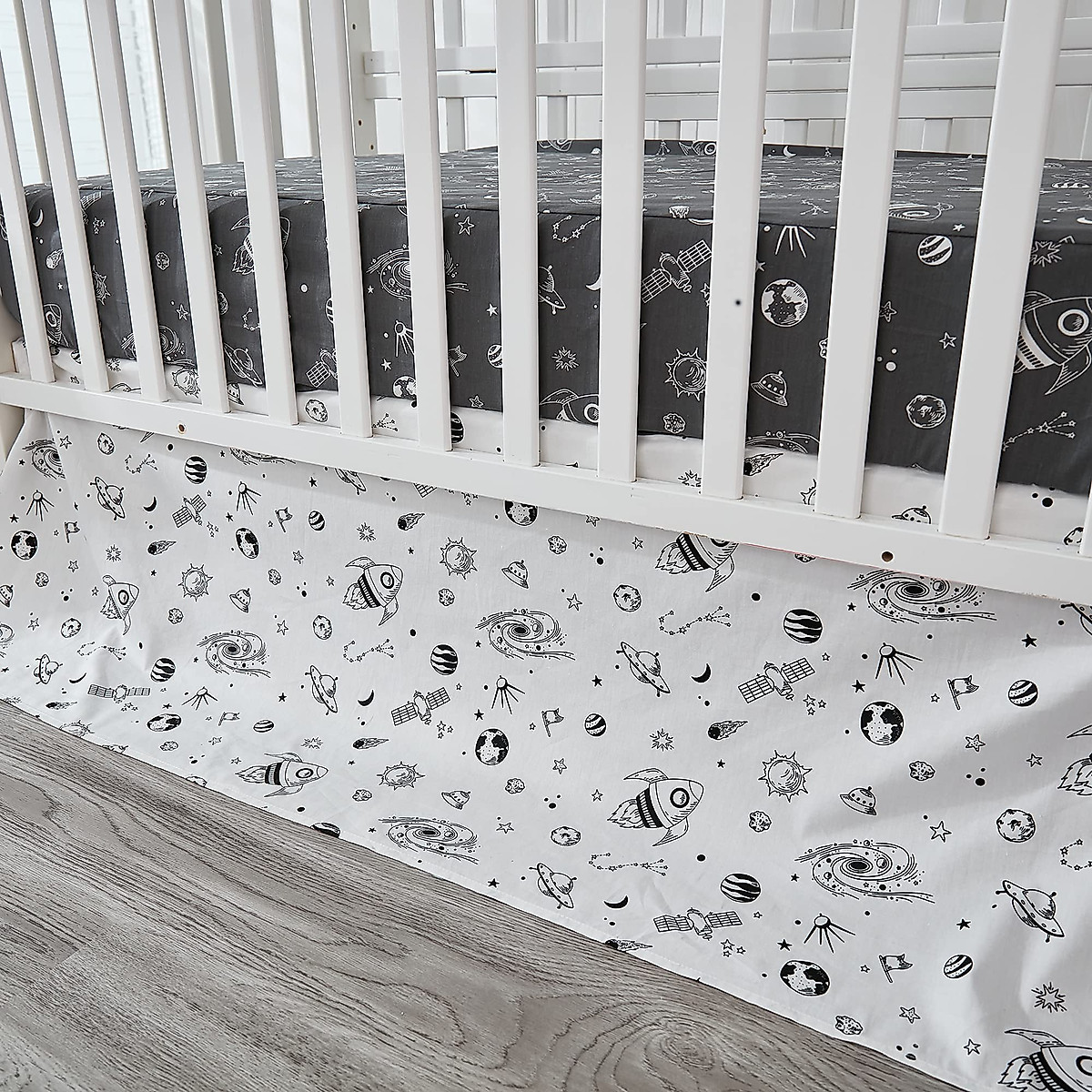 Brandream Milky Way Space Galaxy 3-Piece Baby Boy Girl Nursery Crib Bedding Set with Spaceship Rocket Theme - Black and White Bedding