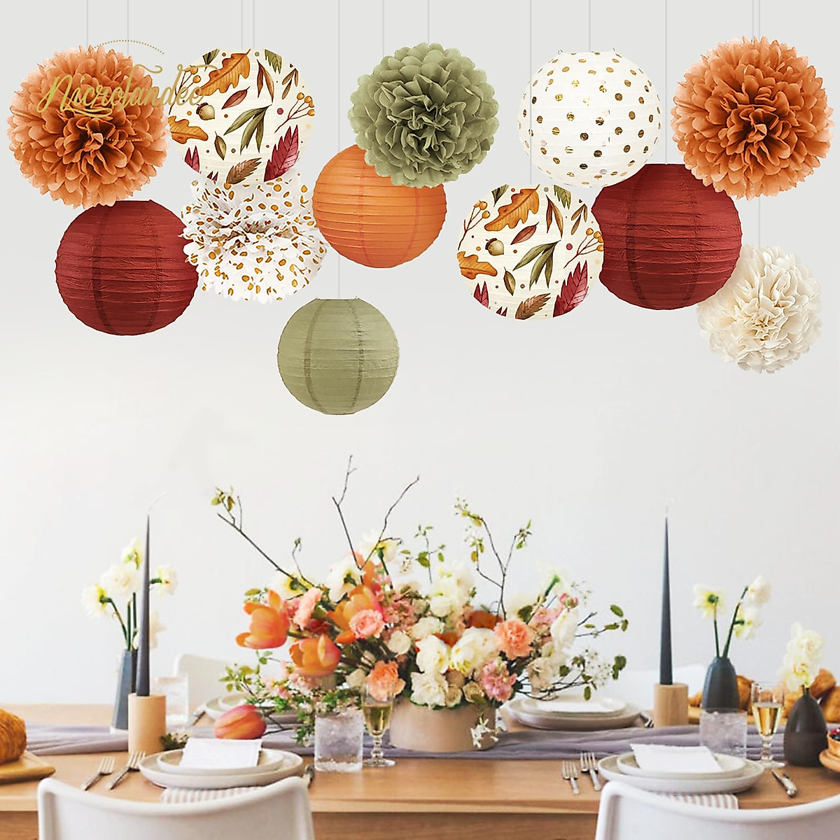 NICROLANDEE Fall Wedding Decorations, 12 PCS Orange Maple Leaf Paper Lanterns Tissue Pom Poms for Thanksgiving Day Backdrop Decoration, Fall Baby Bridal Shower, Birthday, Autumn Harvest Party Decor