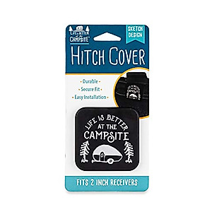Camco Life is Better at The Campsite Hitch Receiver Cover | Protects Your Trailer Hitch Receiver from Debris, Dirt, Water and Rust | Life is Better at The Campsite Sketch Logo, Black/Silver (53410)