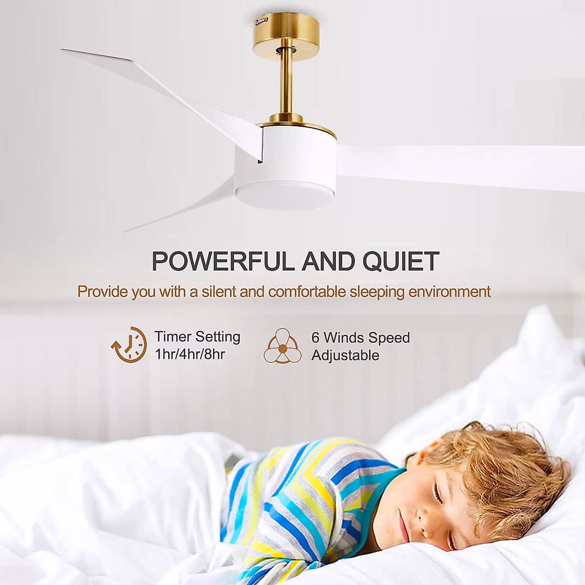 Fanliving 52 Inch Ceiling Fan with Lights Remote Control, Indoor Modern Ceiling Fan with High CFM Quiet DC Motor, 3 Blade White Gold Ceiling Fan for Bedroom Living & Dining Room