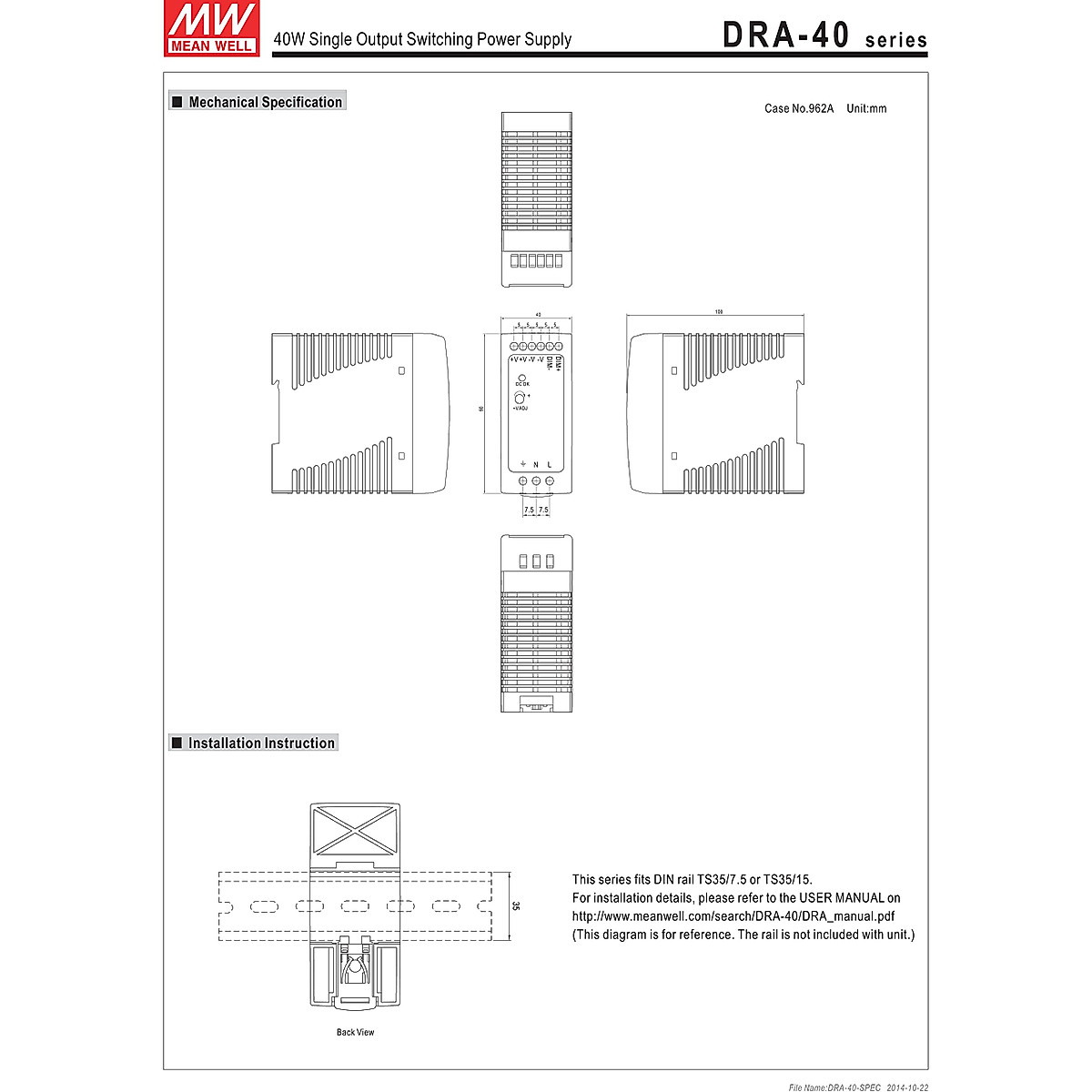[PowerNex] Mean Well DRA-40-12 12V 3.34A 40W Single Output Switching Power Supply