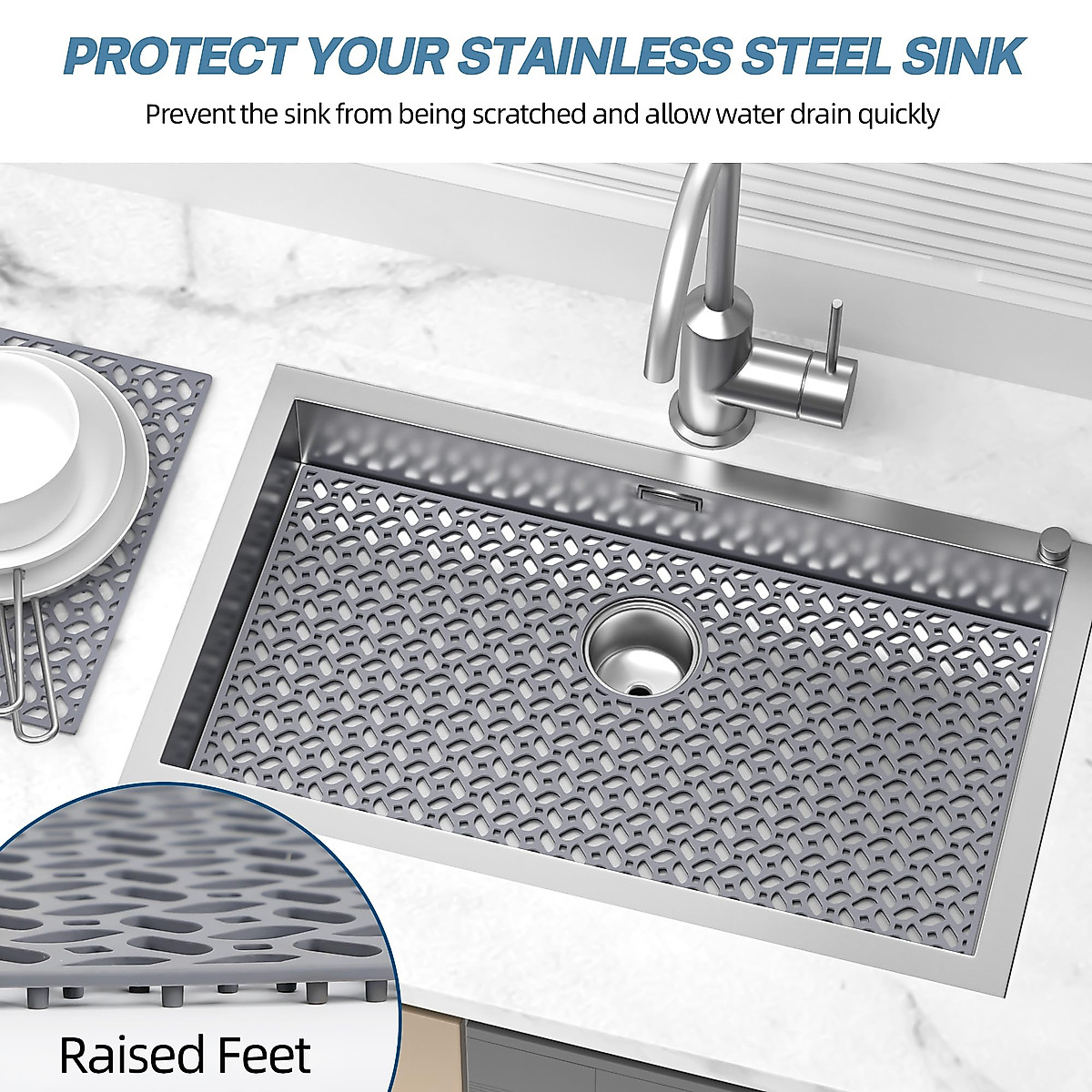 Sink Mat Protector for Kitchen Sink, JUSTOGO 29.5" x 15.6" Silicone Kitchen Sink Protector Grid for Stainless Steel Sink with Rear Drain, Heat Resistant