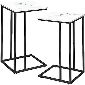 Possile C Shaped Side Table Set of 2, Marble End Table for Sofa and Bed, Couch Table That Slide Under, Snack Side Table for Living Room, Bedroom or Small Spaces, White and Black