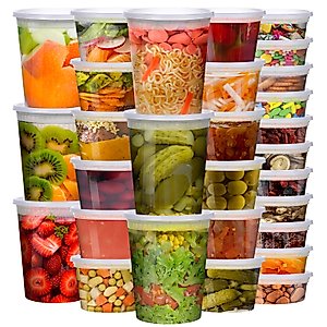 48Sets Deli Containers with Lids, Reusable Food Srorage Containers with Lids 8oz, 16oz, 32oz, Disposable Soup Containers, Microwave/ Freezer/ Dishwasher Safe,Stackable, Leakproof, BPA Free, Clear