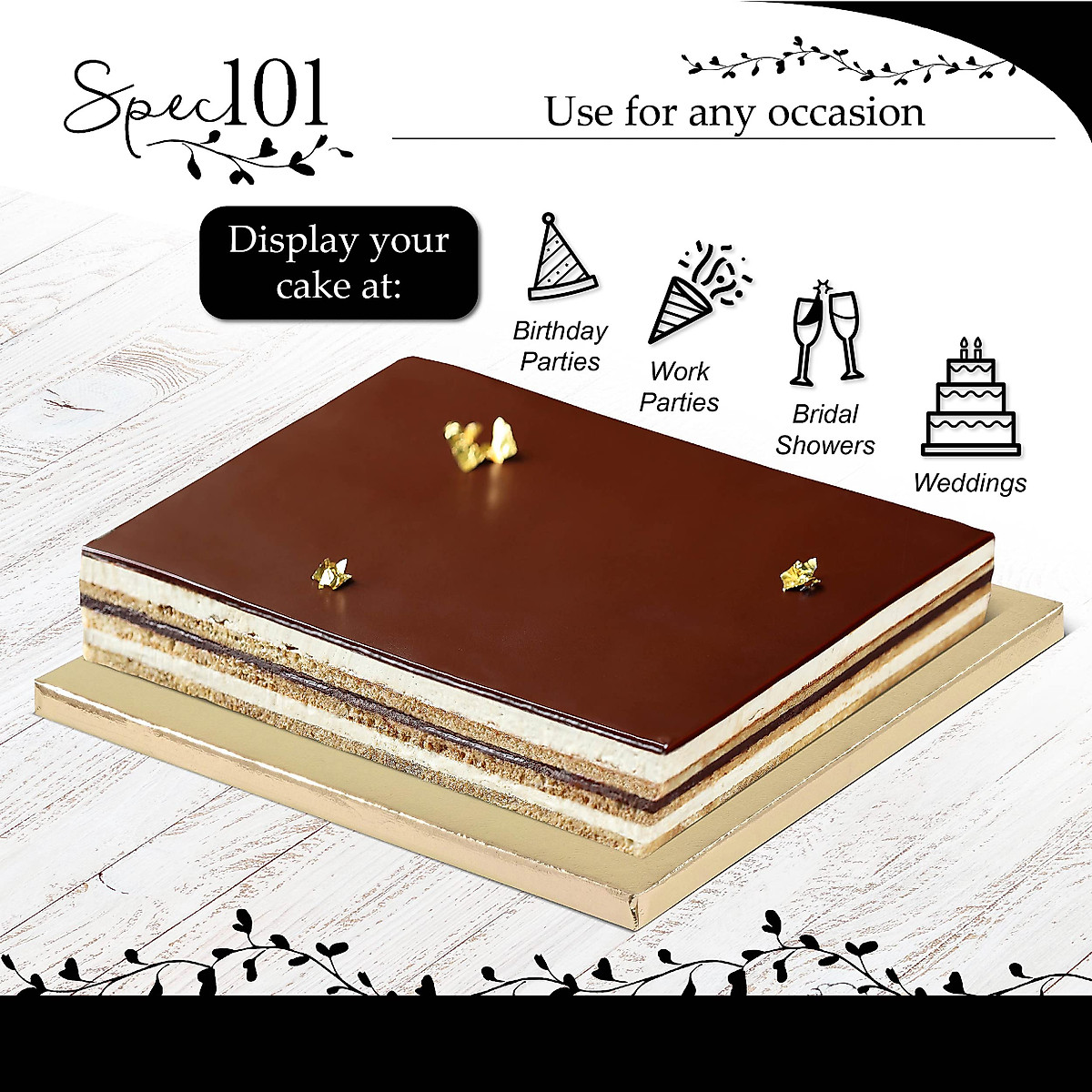 Spec101 Cake Board 10 Inch 6pk Gold Cake Drum Floral Bulk Cake Drums Special Occasion Square Wrapped Edged Cake Base