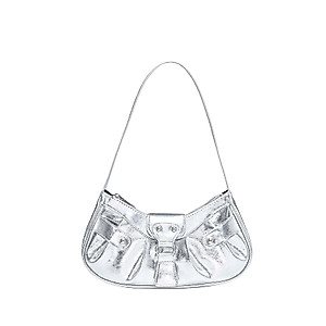 Verdusa Women's Pleated Hobo Shoulder Bag Metallic PU Leather Clutch Handbag Silver one-size