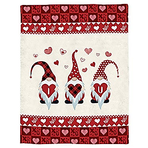 Happy Valentine's Day Flannel Fleece Throw Microfiber Blanket Super Soft Cozy Blanket Cute Gnome Holding Love Heart Red Plaid Lightweight Fuzzy Bedding Fleece Blanket for Couch Sofa Bed