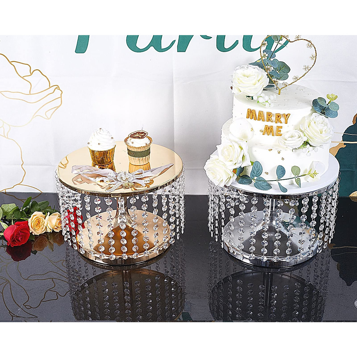 8 Inch Tall Metal Cake Stand - 12" Dia Round Base Cake Display Stand with Hanging Acrylic Crystals for Dessert Table, Wedding, Party, Event, Home Décor