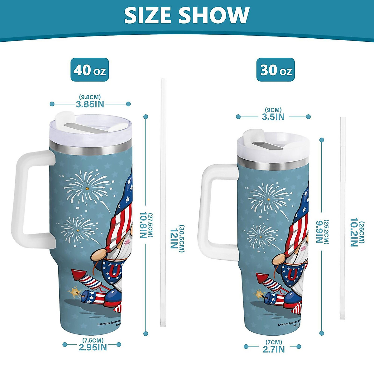 Exnundod 40 oz Tumbler with Handle Patriotic Gnome with Fireworks Insulated Stainless Steel Cup with Lid and Straw 4th July Travel Cup Leak-proof Fits in Car Cup Holder for Iced & Hot