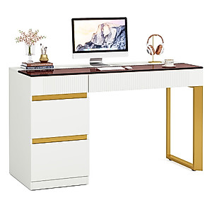 Tribesigns Computer Desk with 4 Drawers, 47 Inch Modern Home Office Desk with Glass Top, White and Gold Writing Workstation Desk with Storage, Makeup Vanity Table for Living Room, Bedroom