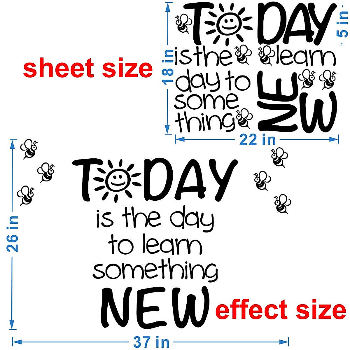 ANFRJJI Love Learning, Start Now Inspirational Words Wall Decal - Little Bee and Sun Smile PVC Removable Wall Sticker for Student and Kids Room Decor -Effect 26"x37"inch (black-JWH255-Today)