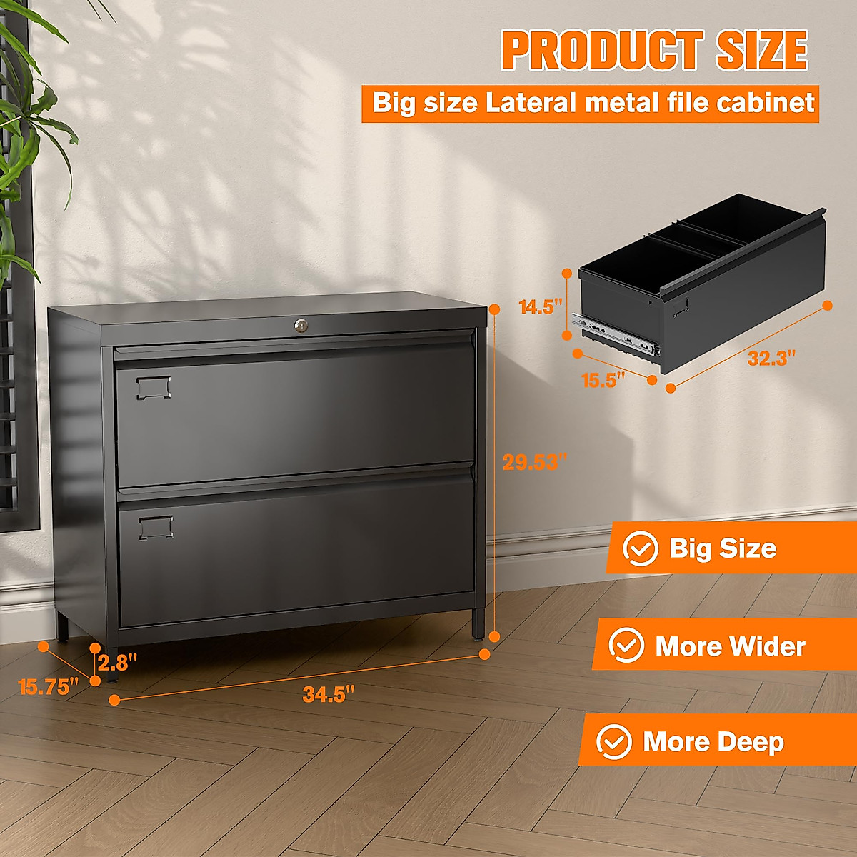 GangMei Metal Lateral File Cabinet with 2 Drawers, Wide Lateral Filing Cabinet with Lock for Hanging Files Letter/Legal/F4/A4 Size for Home Office School, Black, Assembly Required