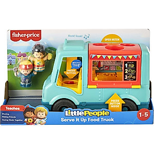 Fisher-Price Little People Musical Toddler Toy Serve It Up Food Truck Vehicle with 2 Figures for Pretend Play Ages 1+ Years