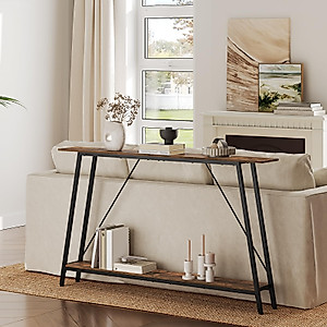 YATINEY 55" Console Table, Narrow Long Entryway Table, Industrial Skinny Sofa Tables, 2-Layer Hallway Table for Entryway, Display Table Behind Couch, Rustic Brown and Black CT14BR
