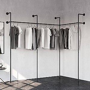 pamo Industrial Loft Design Kim III Edge Clothes Rail Over Corner Coat Rack for Walk-In Wardrobe Wall I Bedroom Clothes Rack Made of Black Sturdy Tubes for Wall Mounting