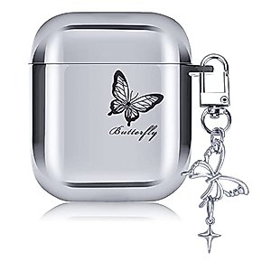 Cute AirPods Case with Beautiful Butterfly Pendant, Soft Silicone Protective Electroplating Cover Compatible with 2nd and 1st Generation Case